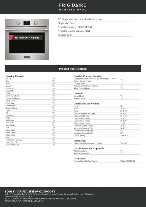 Frigidaire Professional 30" Single Wall Oven - PCWS3080AF